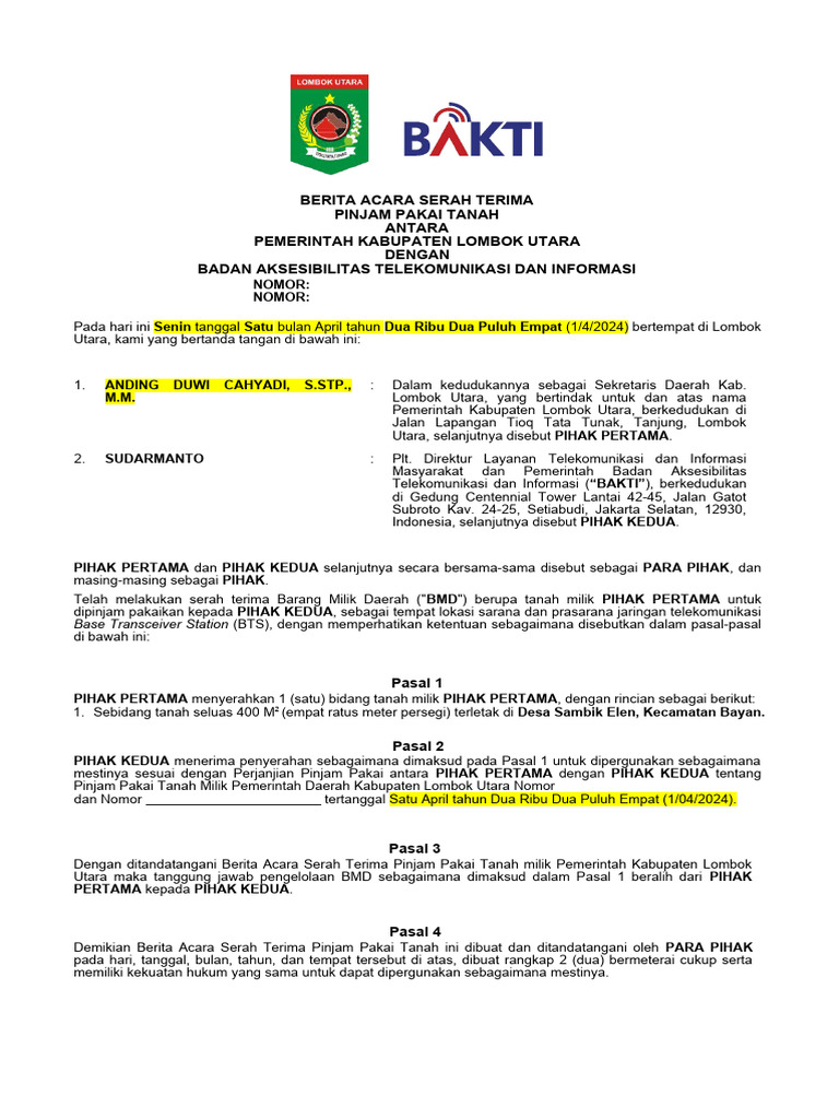 (BAKTI) Draft Berita Acara Serah Terima (BAST) Lombok Utara (1 Site) | PDF