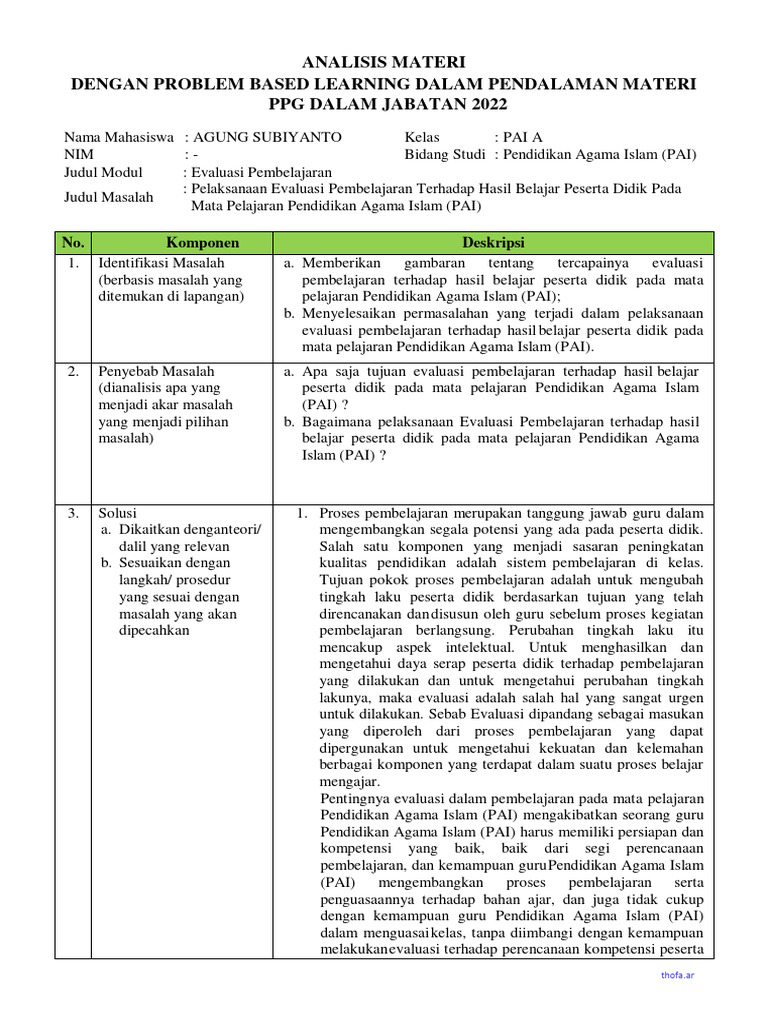 Analisis Materi PBL Evaluasi Pembelajaran | PDF | Karier & Perkembangan | Pengembangan Diri