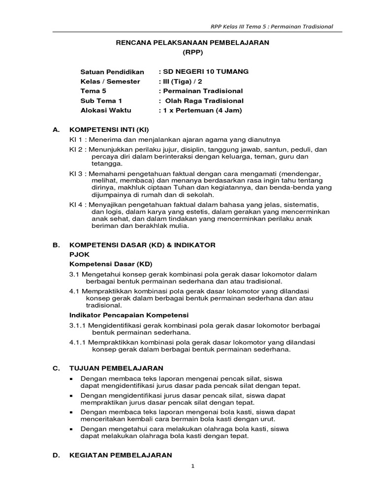 Kela 3 RPP Tema 5 (1 Pertemuan) | PDF