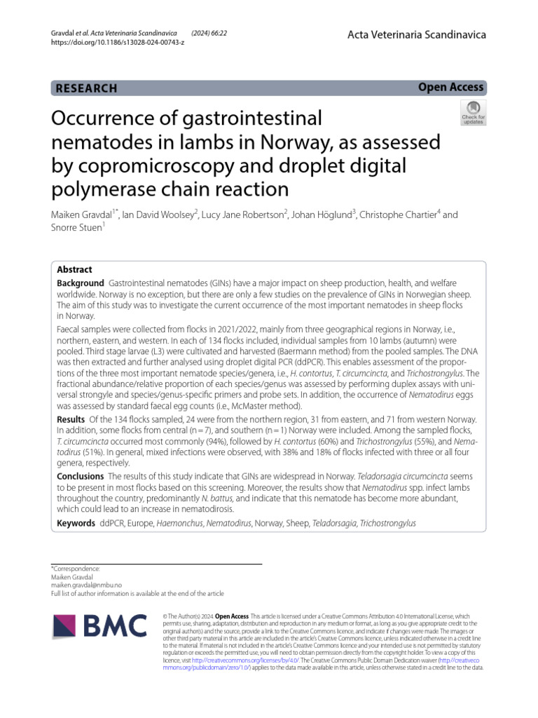 Occurrence of Gastrointestinal Nematodes in Lambs in Norway, As ...