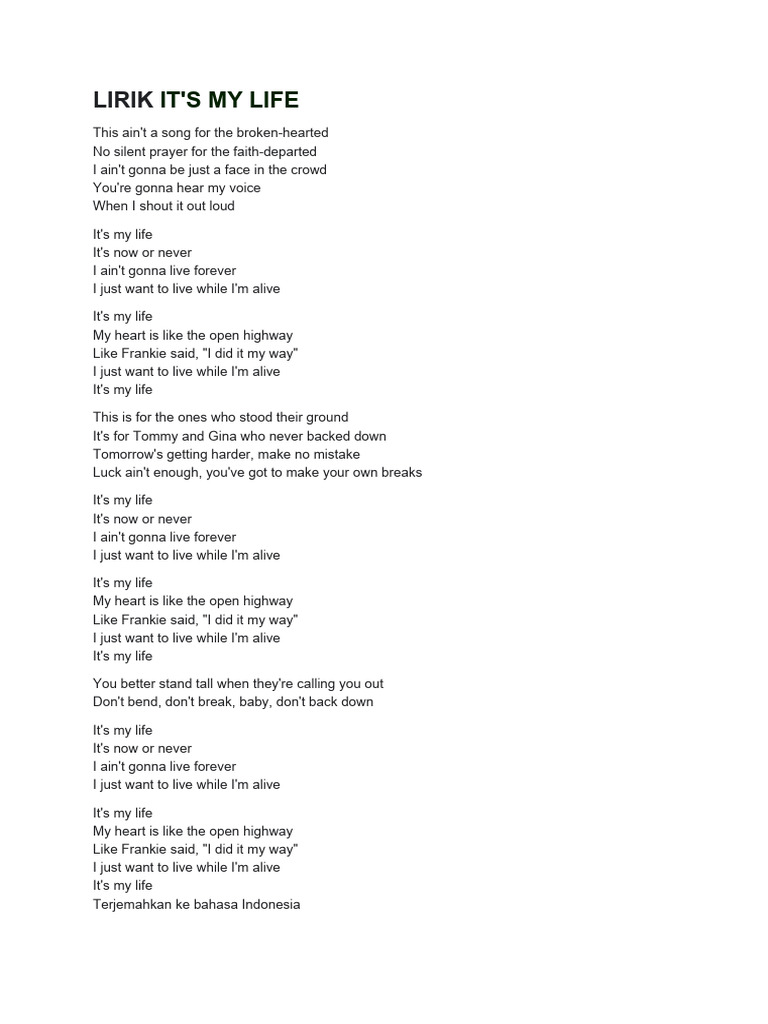 It's My Life Lirik | PDF | Poetry