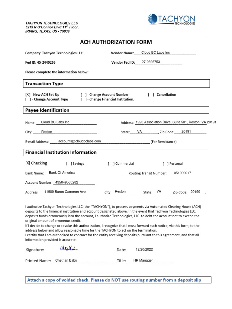 Signed - Tachyon ACH Form - Supplier | PDF | Automated Clearing House ...