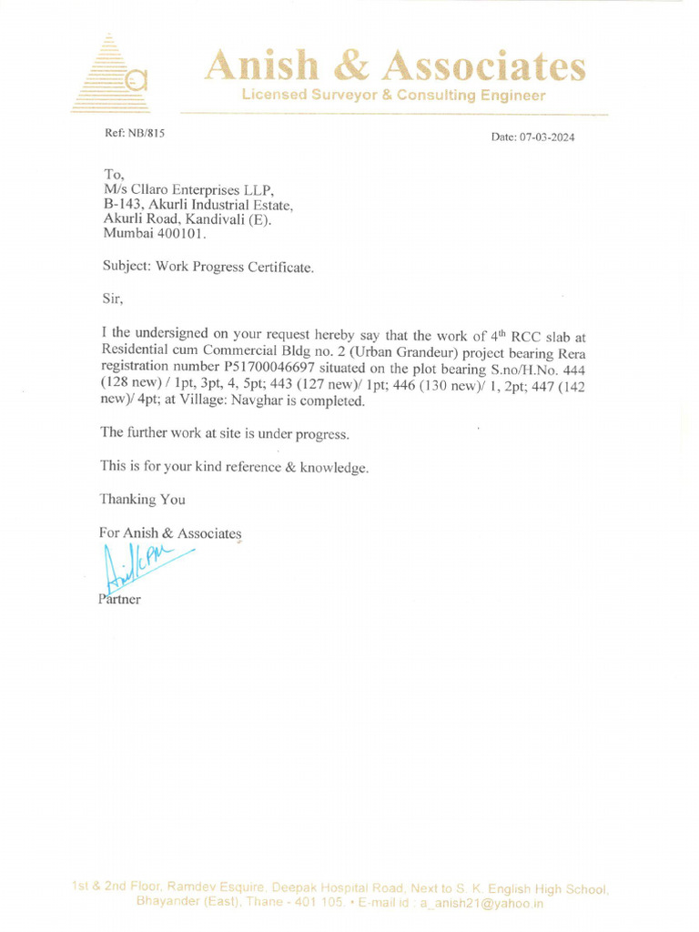 4th Slab Architect Certificate | PDF