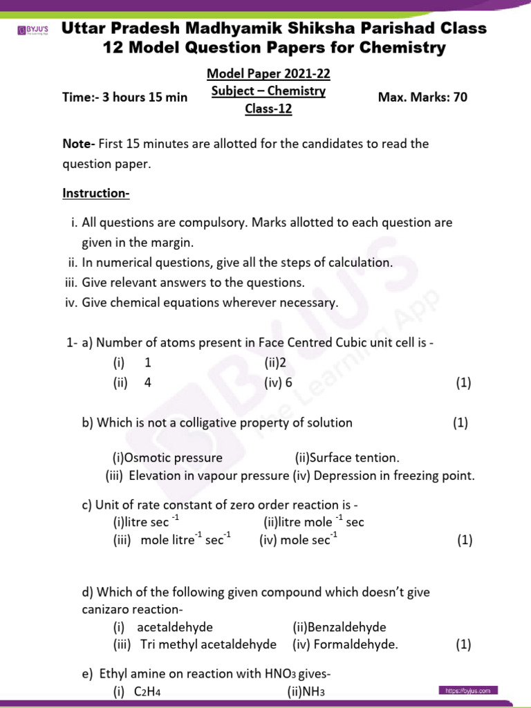 UPMSP - Model QP 2021 22 CHEMISTRY - English | PDF | Chemical Reactions ...