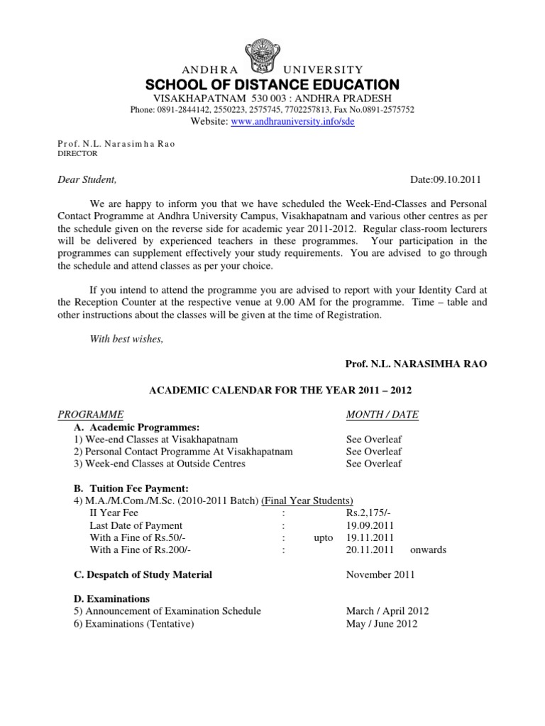 Andhra University SDE Acadmy Cal | PDF | Distance Education | Academia