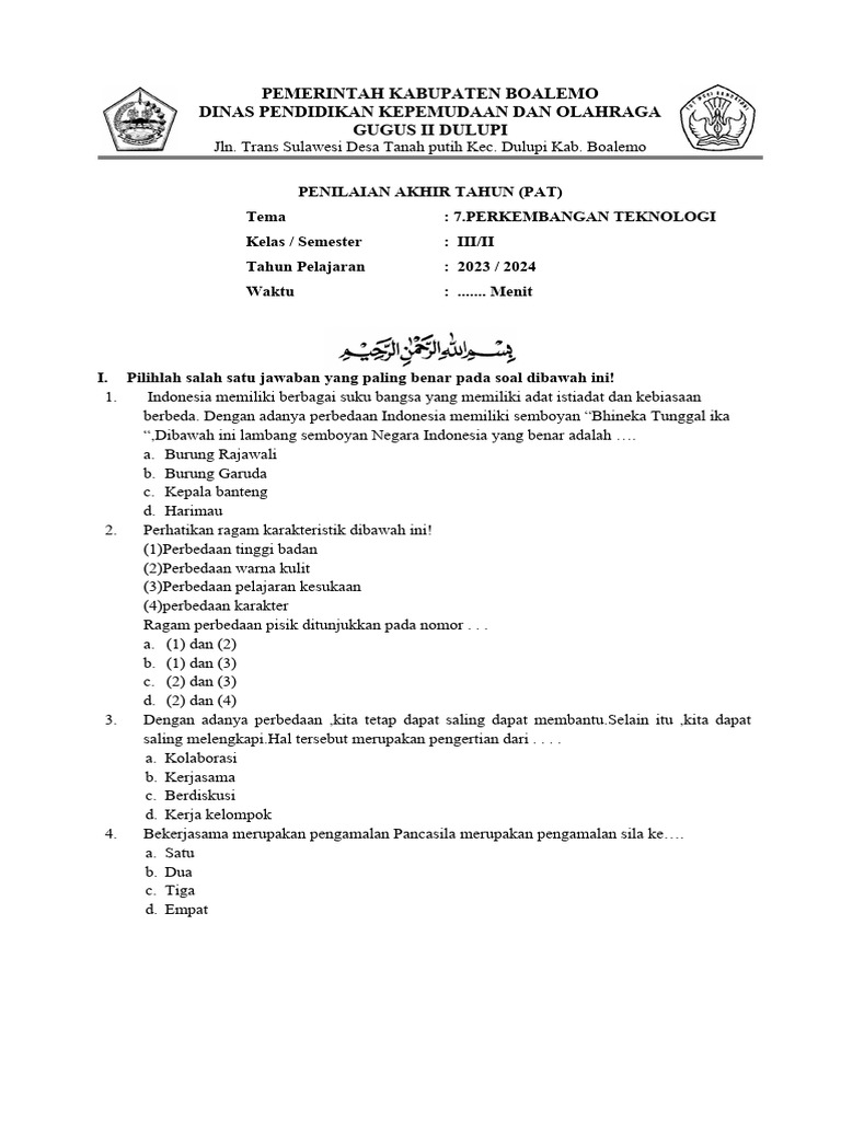 Soal Pat Kelas III Semester 2 T-P 2023-2024 Tema 7 | PDF | Perjalanan | Kajian Bahasa Asing
