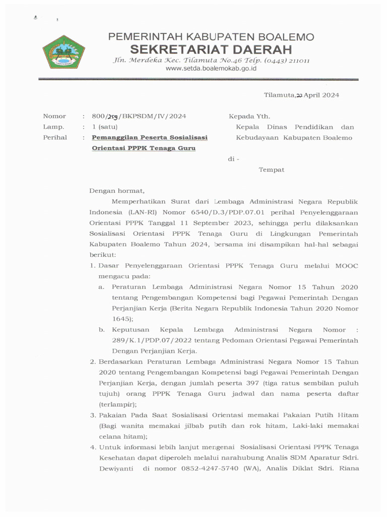 Surat Pemanggilan Peserta Sosialisasi Orientasi PPPK Guru 2024 | PDF