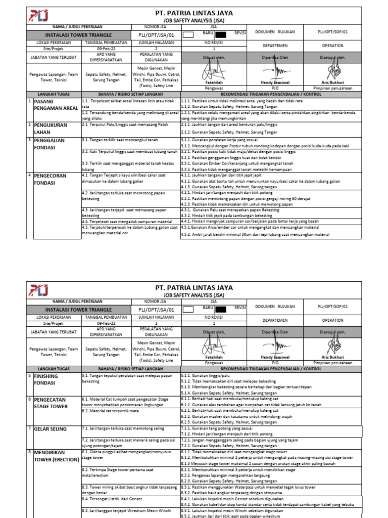 PLJ JSA 01 - Instalasi Tower Triangle | PDF