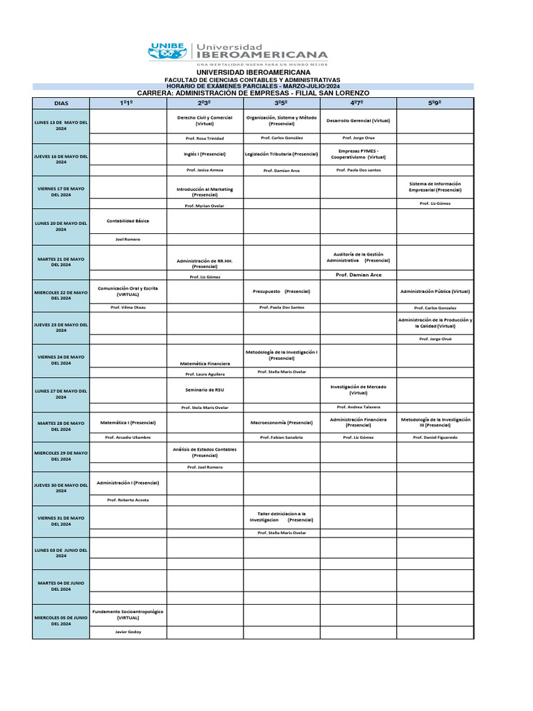 Horario de Examenes Parciales - Administración de Empresas Marzo ... Horario de Examenes Parciales - Administración de Empresas Marzo ...