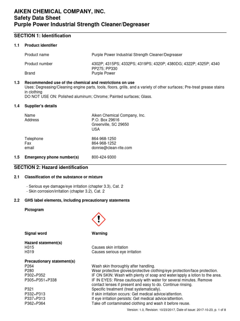 Purple+Power+Industrial+Strength+Cleaner Degreaser SDS | PDF | Toxicity | Dangerous Goods