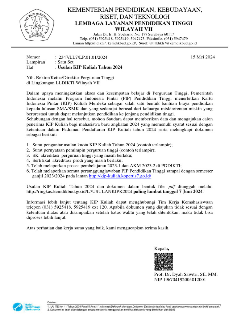 Usulan KIP Kuliah 2024 untuk PT | PDF