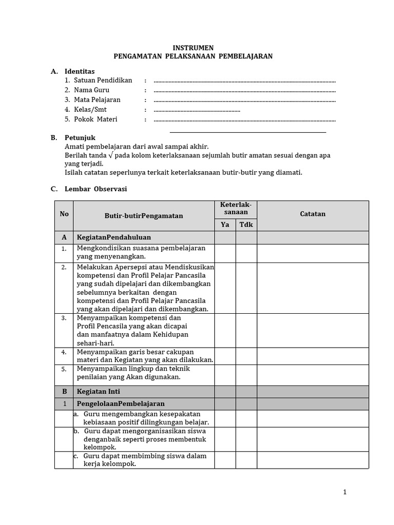 Instrumen Pengamatan Pembelajaran | PDF | Karier & Perkembangan