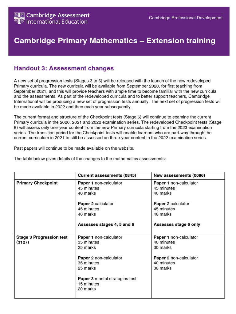Cambridge Primary Math Assessment Updates | PDF | Curriculum ...