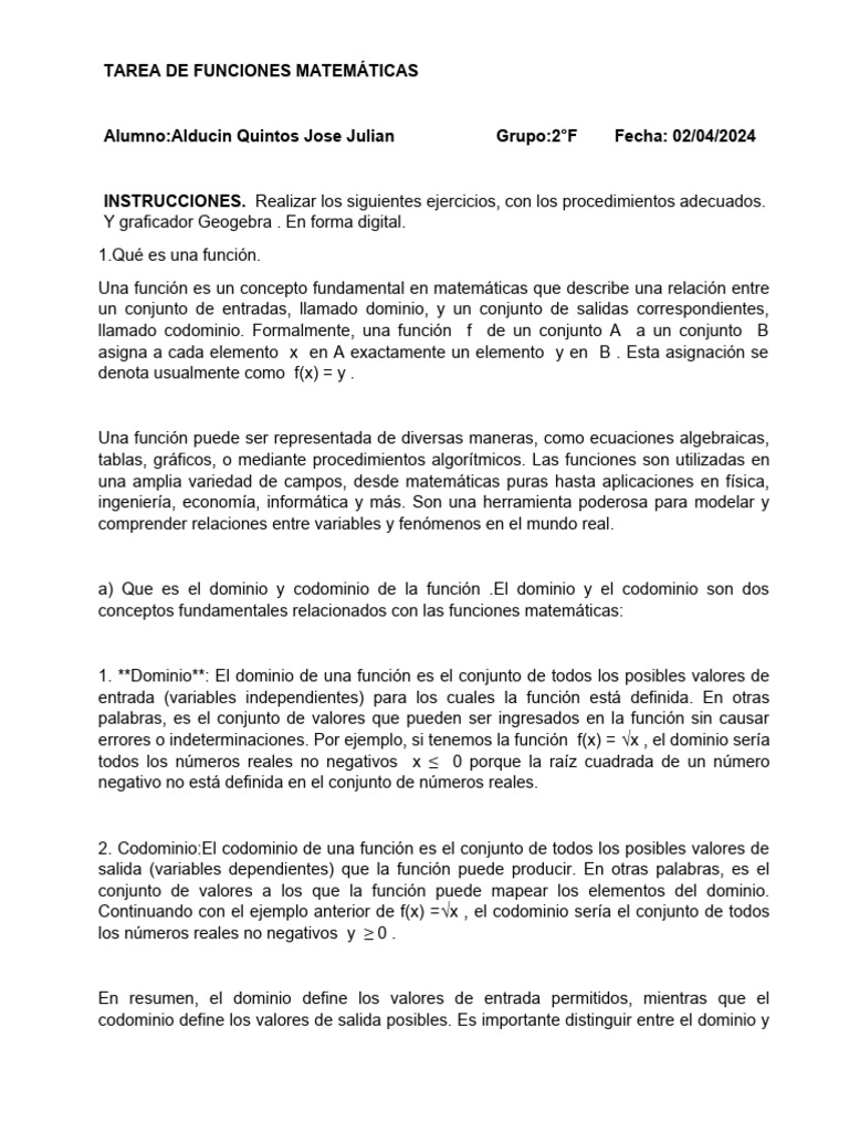 Tarea Funciones | PDF | Función (Matemáticas) | Pendiente