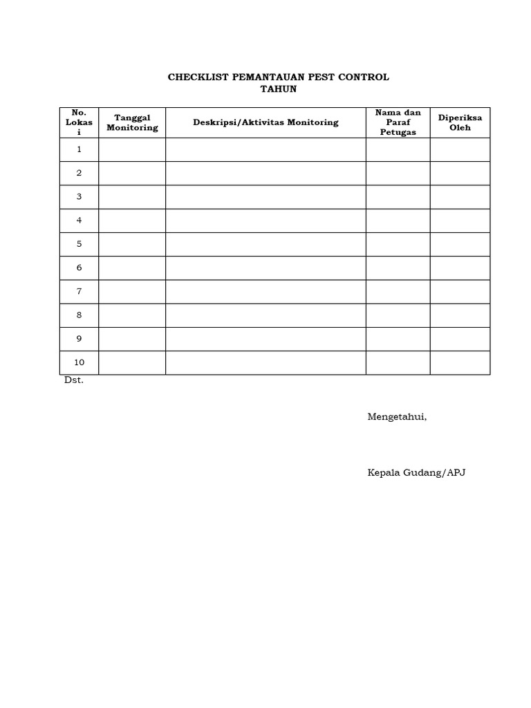 Contoh Formulir Pemantauan Pengendalian Hama | PDF