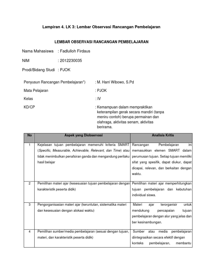 B3 5 Unggah LK 3 Lembar Observasi Rancangan Dan Perangkat Pembelajaran Pada Pembelajaran Ke 2 | PDF