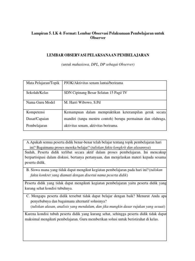 B3 6 Unggah LK 4 Lembar Observasi Pembelajaran Pada Pembelajaran Ke 2 | PDF