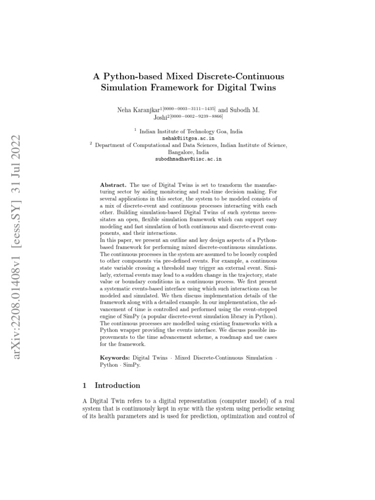 A Python Based Mixed Discrete Continuous Simulation Framework For Digital Twins Pdf