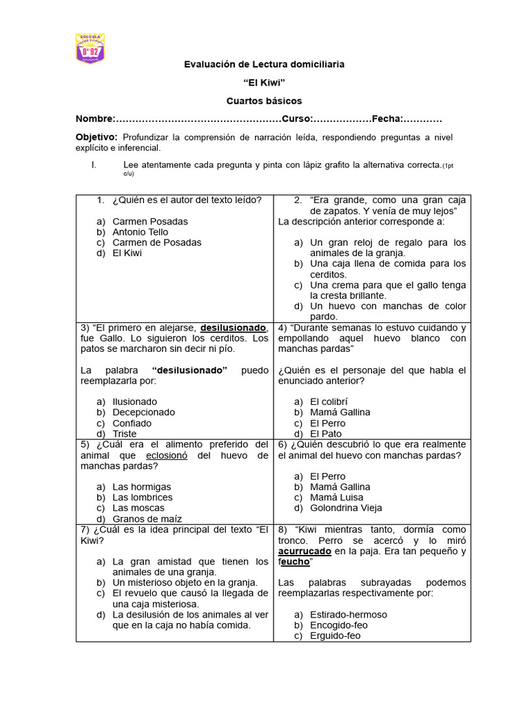Evaluación de Lectura Domiciliaria EL KIWI | PDF | Pollo