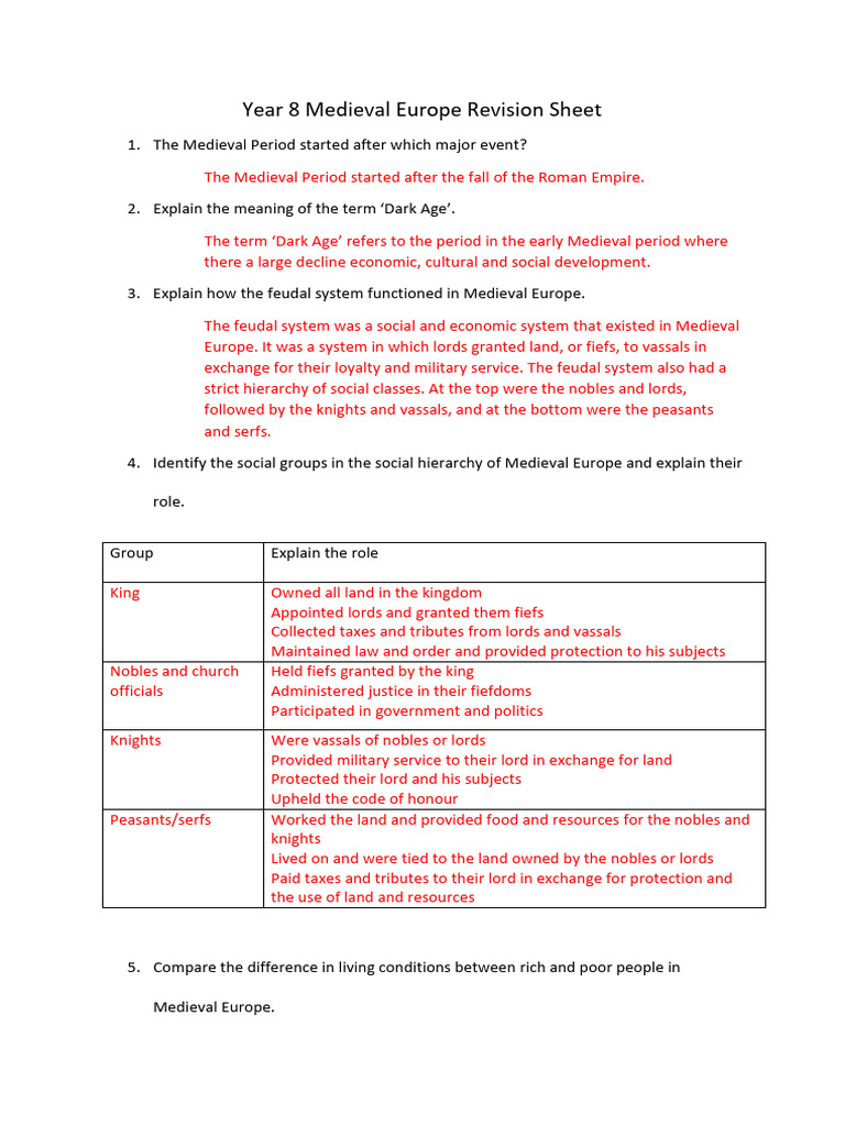 Medieval Europe - Exam Revision Sheet ANSWERS | Download Free PDF ...