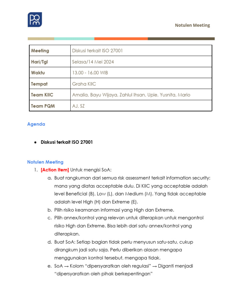 Notulen Meeting - Diskusi Progress ISO 27001 - 14 Mei 2024 | PDF | Bisnis | Teknologi & Rekayasa