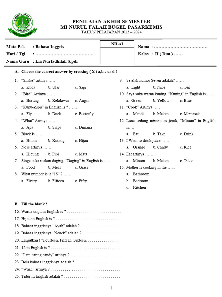 Soal B. INGGRIS KELAS 2 | PDF