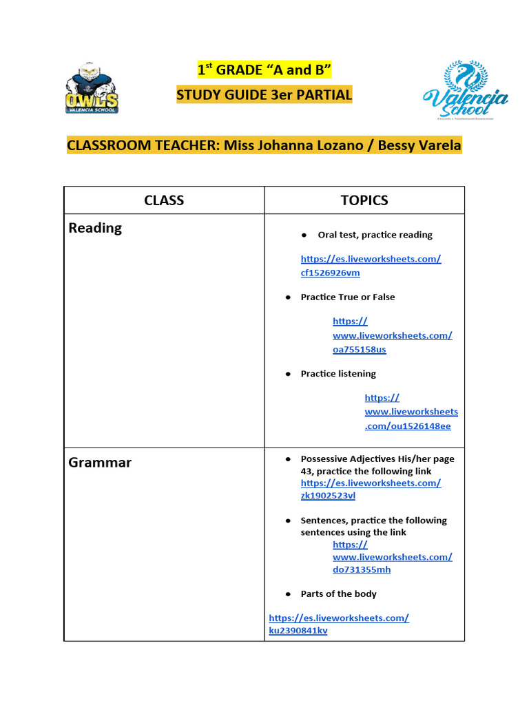 STUDY GUIDE 1st Grade III Partial 2023... | PDF | Reading (Process) | Applied Linguistics