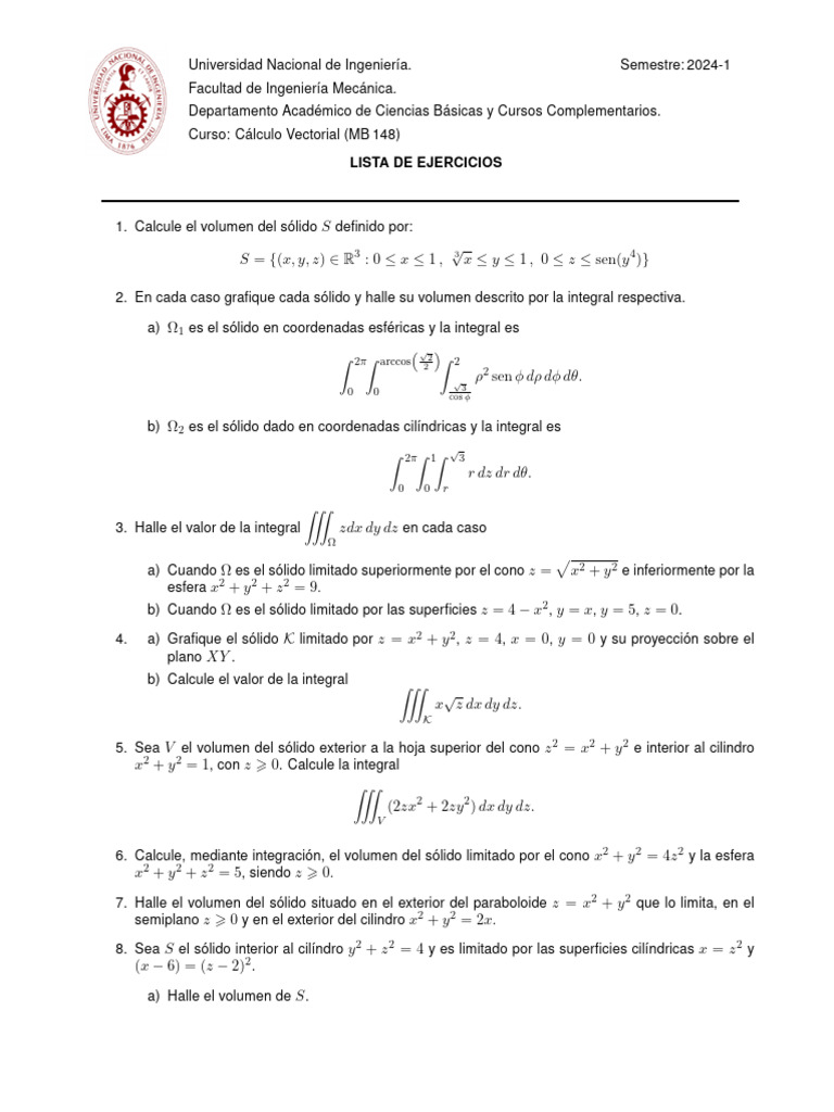 Lista de Ejercicios - Integrales Triples - Vectorial - 2024-1 | PDF | Integral | Esfera