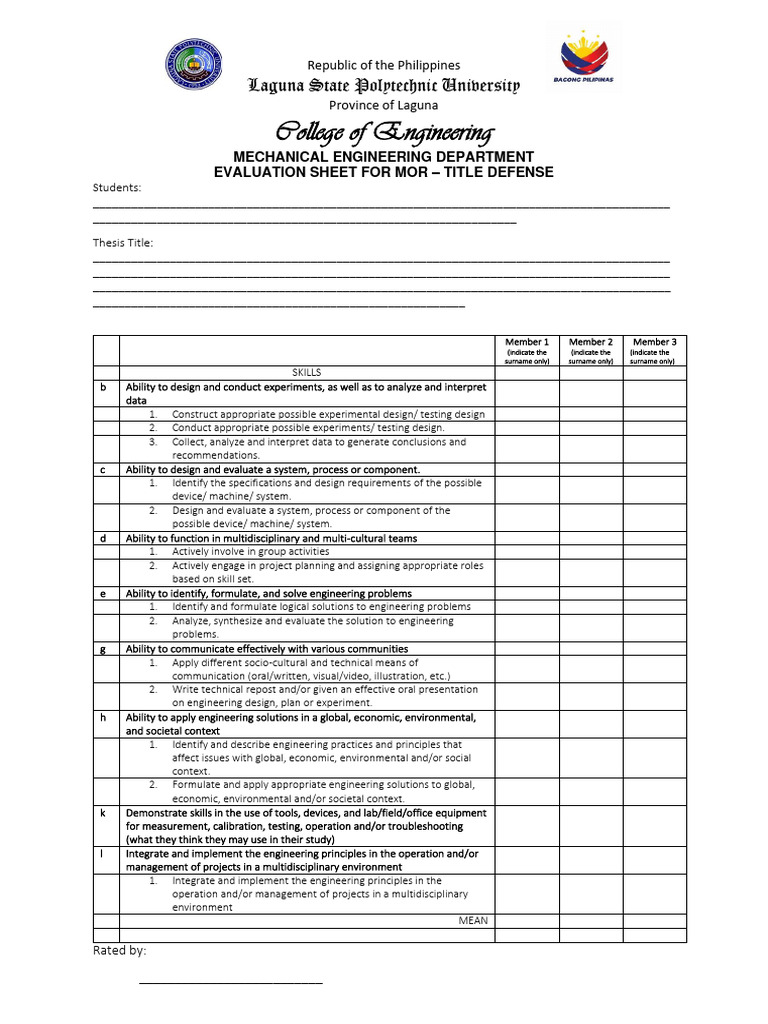 EVAL SHEET Title Defense BSME | PDF | Engineering | System