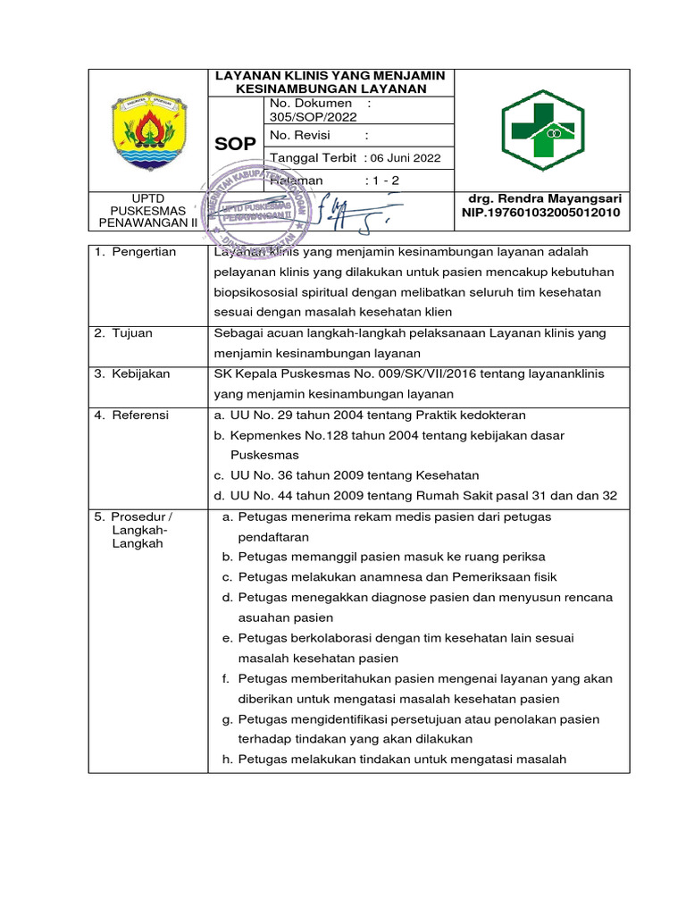 SOP LAYANAN KLINIS YANG MENJAMIN KESINAMBUNGAN LAYANAN Rev | PDF