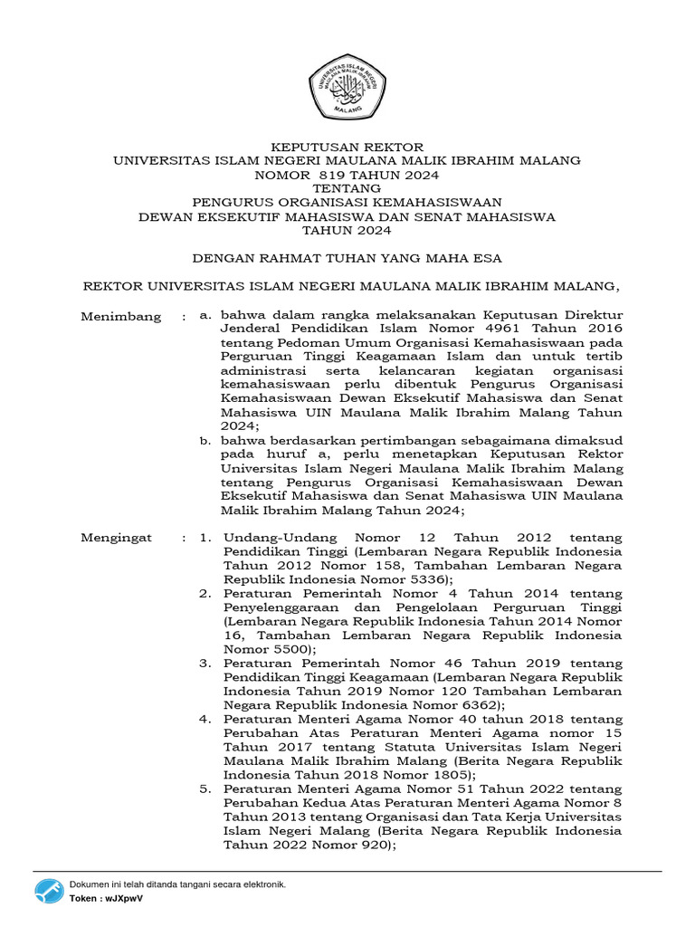 SK - Pengurus Organisasi Kemahasiswaan Dewan Eksekutif Mahasiswa Dan Senat Mahasiswa | PDF