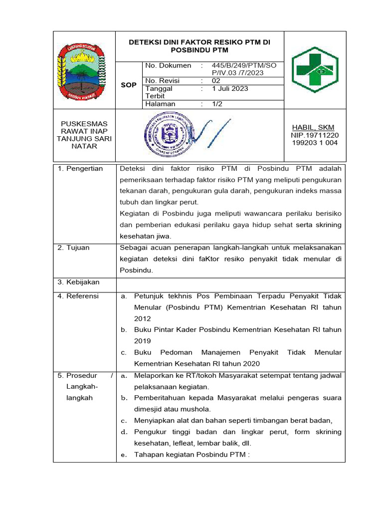 2.6.5.b.3.a.2 SOP DETEKSI DINI FR PTM DI POSBINDU | PDF