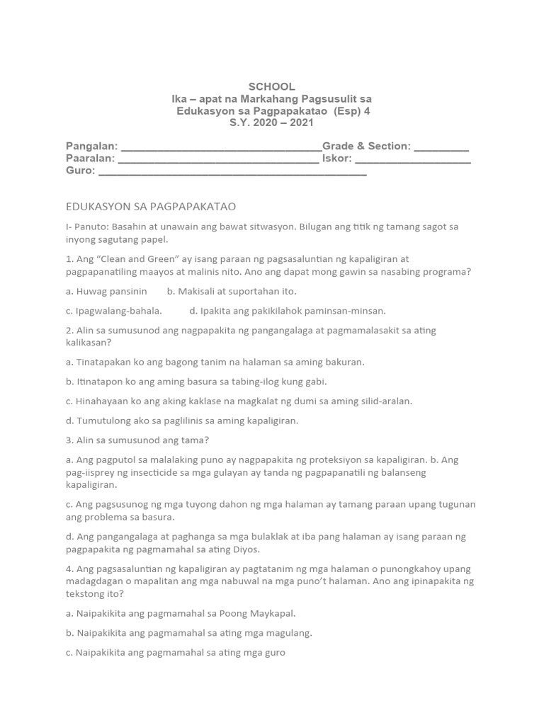 Esp Quarterly Assessment 4TH | PDF
