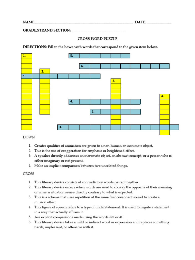 Literary Devices Crossword Puzzle | PDF