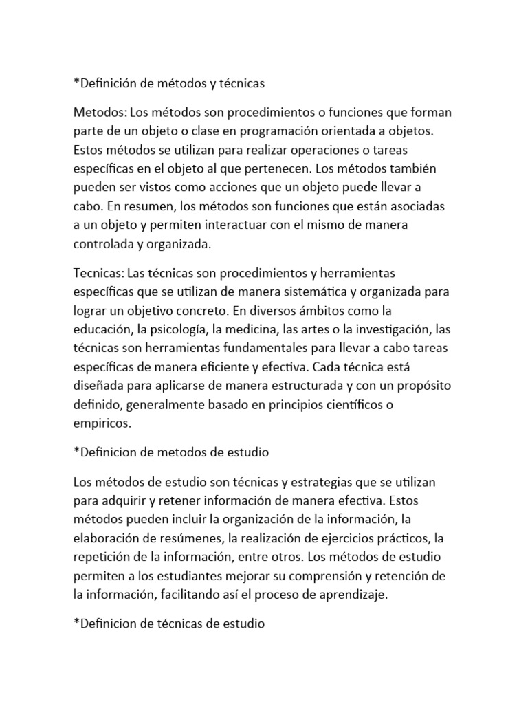 Definición de Métodos y Técnicas | PDF | Habilidades de estudio ...