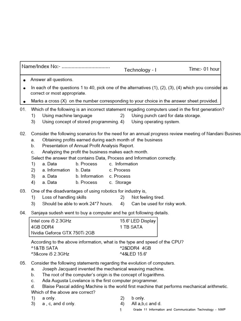 Grade 11 ICT 1st Term Test Paper 2020 English Medium - North Western ...