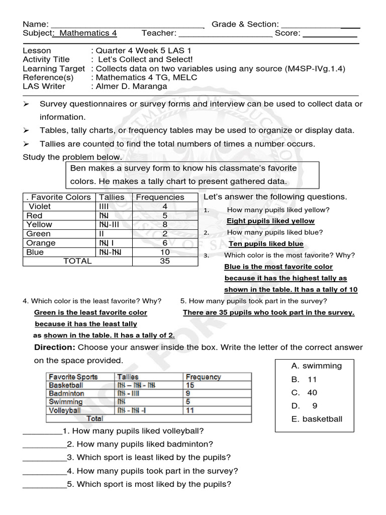 Enhanced MATH4 - Q4 - WEEK5 - LAS1 | PDF | Color | Vision