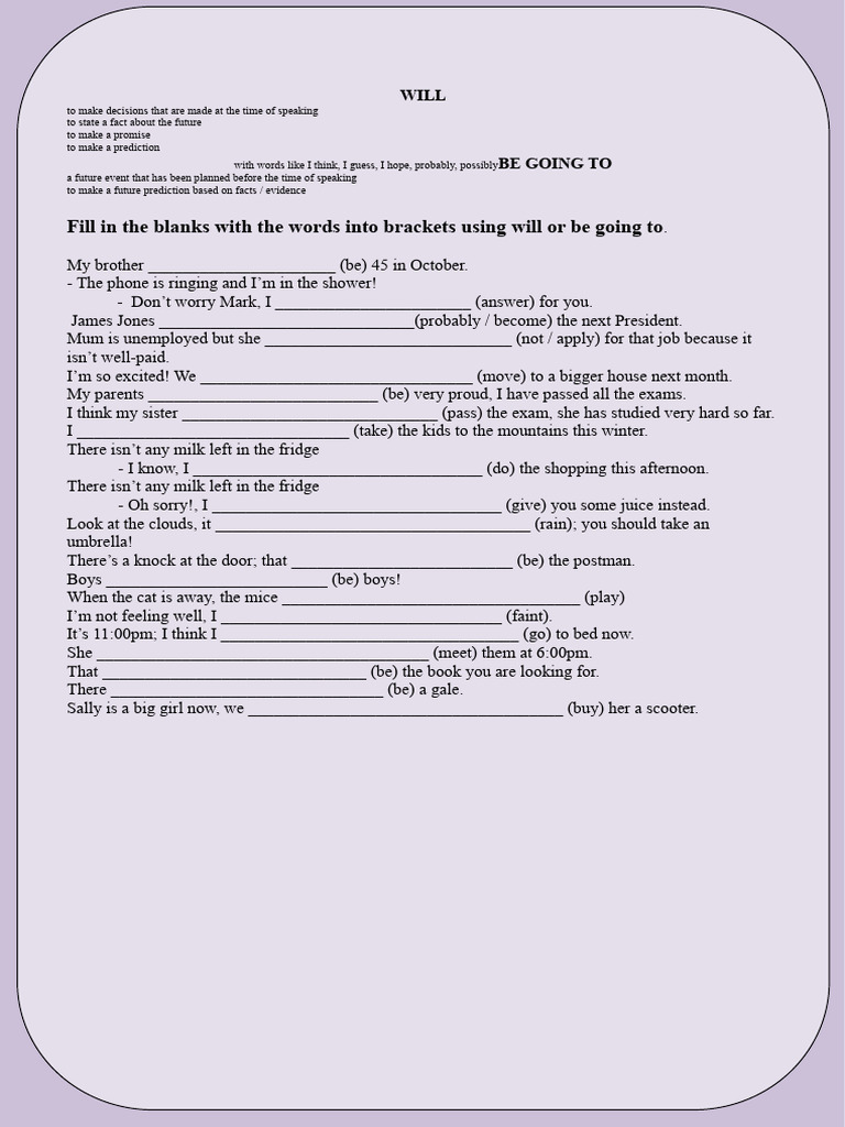 Will Vs Be Going To - Key Included | PDF