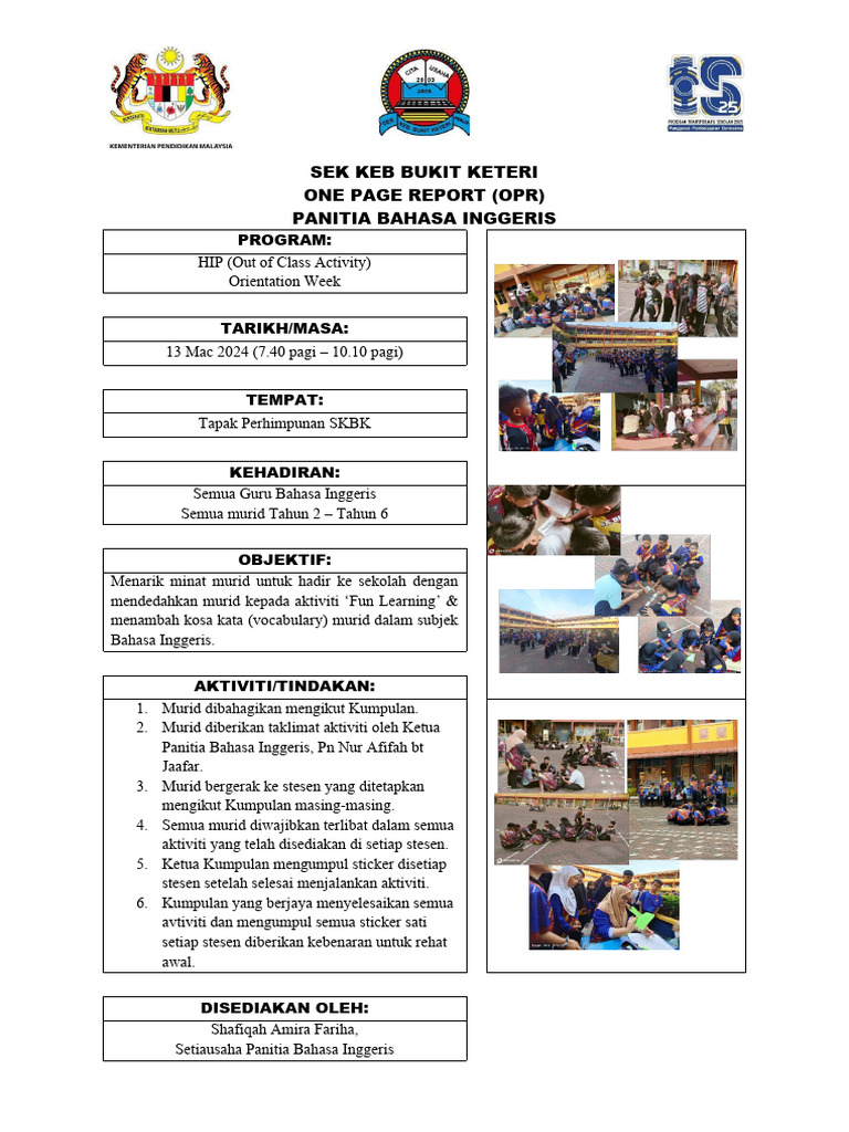 OPR PANITIA ENGLISH - HIP Out of Class (Orientation Week) | PDF