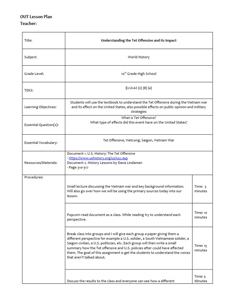 Out Lesson Plan | PDF | Tet Offensive | Lesson Plan