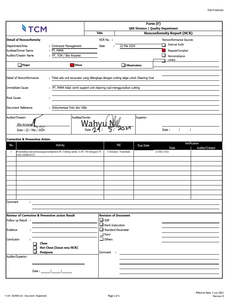 Nonconformity Report for PT. PAMA | PDF | Audit | Risk Management