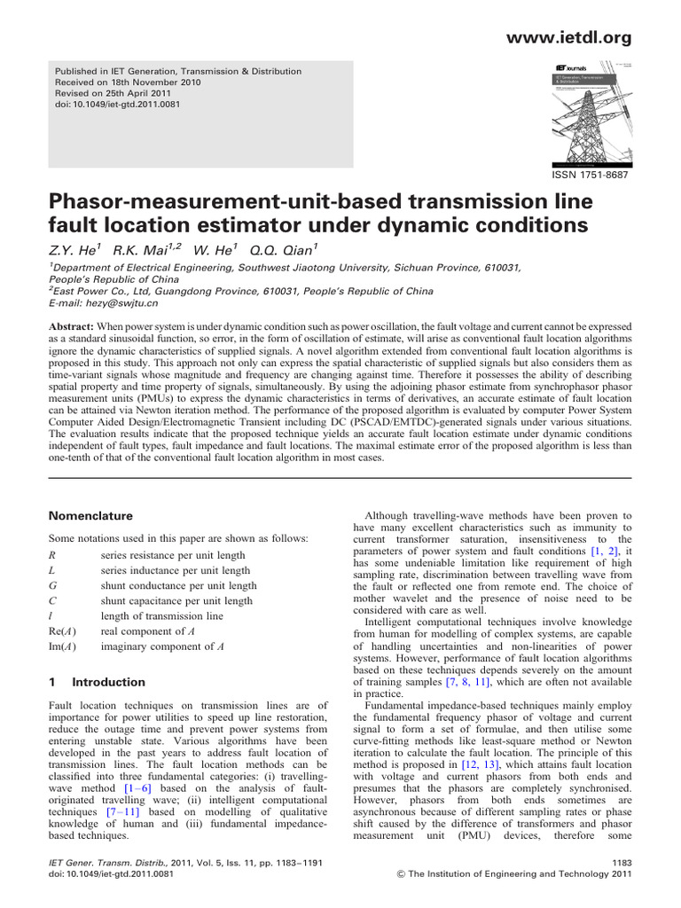 Phasor-Measurement-Unit-Based Transmission Line Fault Location Estimator Under Dynamic ...