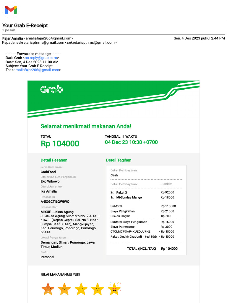 E-Receipt GrabFood Ponorogo | PDF