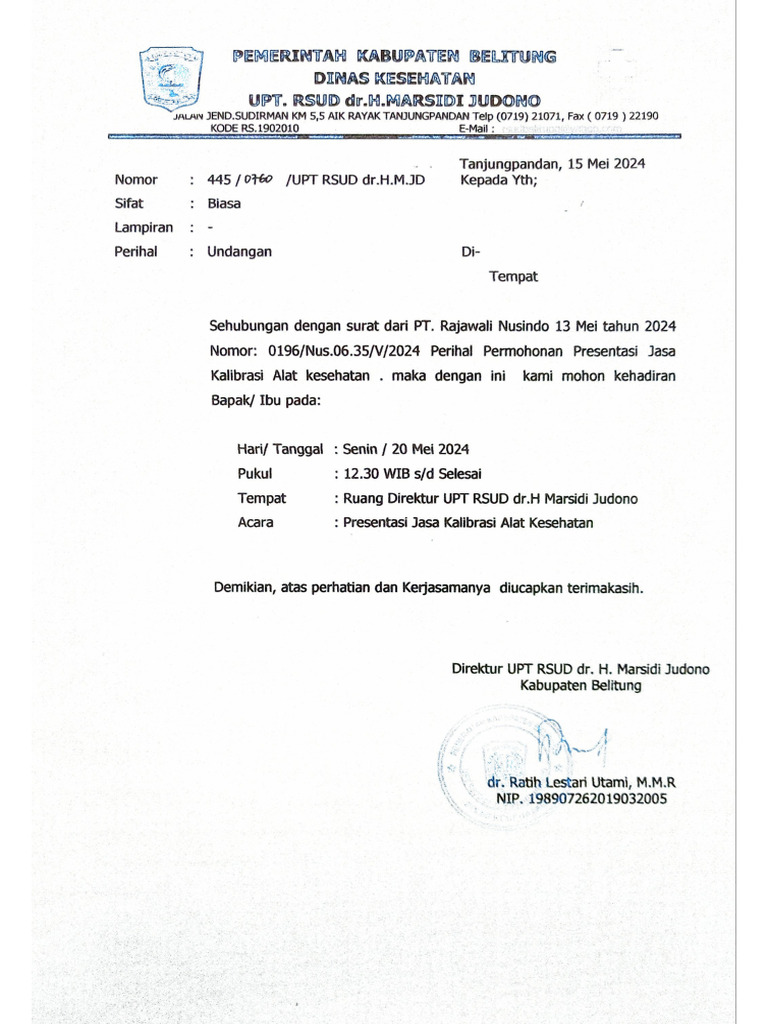 Undangan Presentasi Jasa Kalibrasi ALKES PT. Rajawali Nusindo | PDF