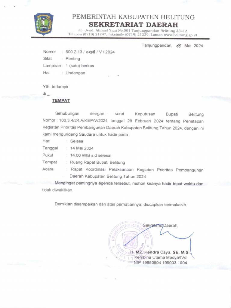 Sekretariat Daerah Kab Belitung-Surat Undangan Rapat Koordinasi Pelaksanaan Kegiatan Prioritas ...