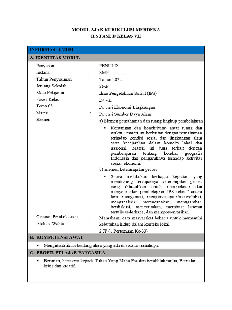 RPP Tema 3 Potensi Sumber Daya Alam | PDF
