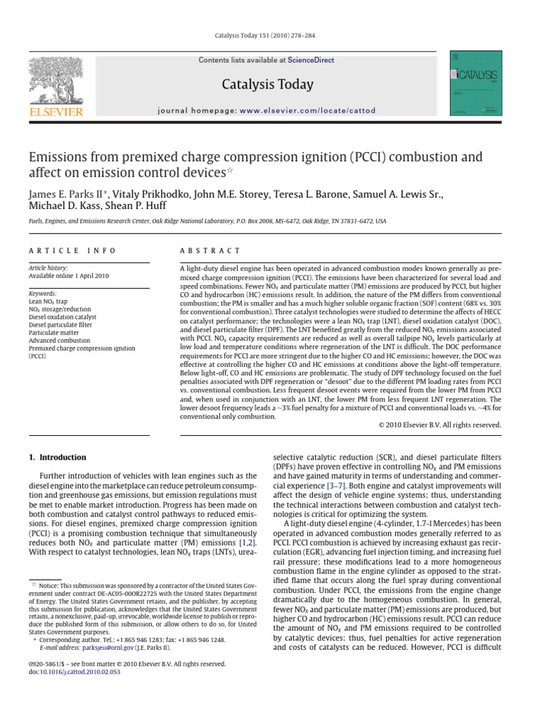 Emissions From Premixed Charge Compression Ignition (PCCI) Combustion ...