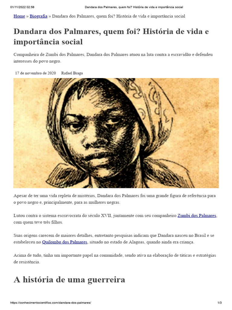 Dandara Dos Palmares, Quem Foi História de Vida e Importância Social | PDF