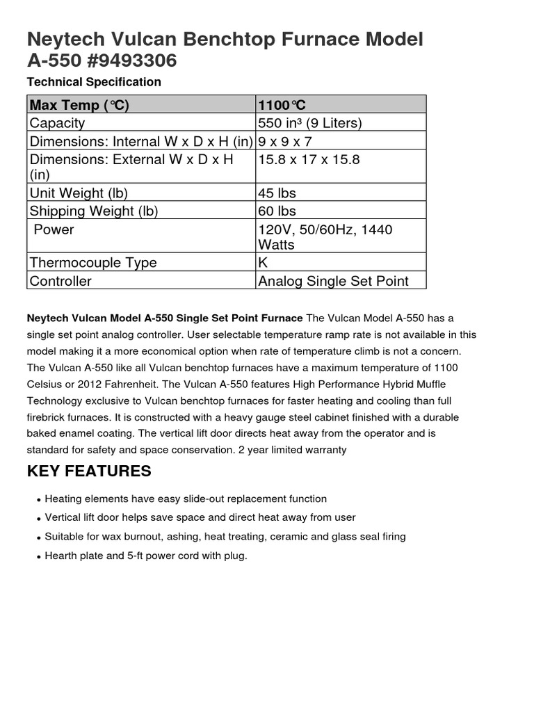 Neytech Vulcan Benchtop Furnace Model A-550 #9493306_Technical_Specification | PDF