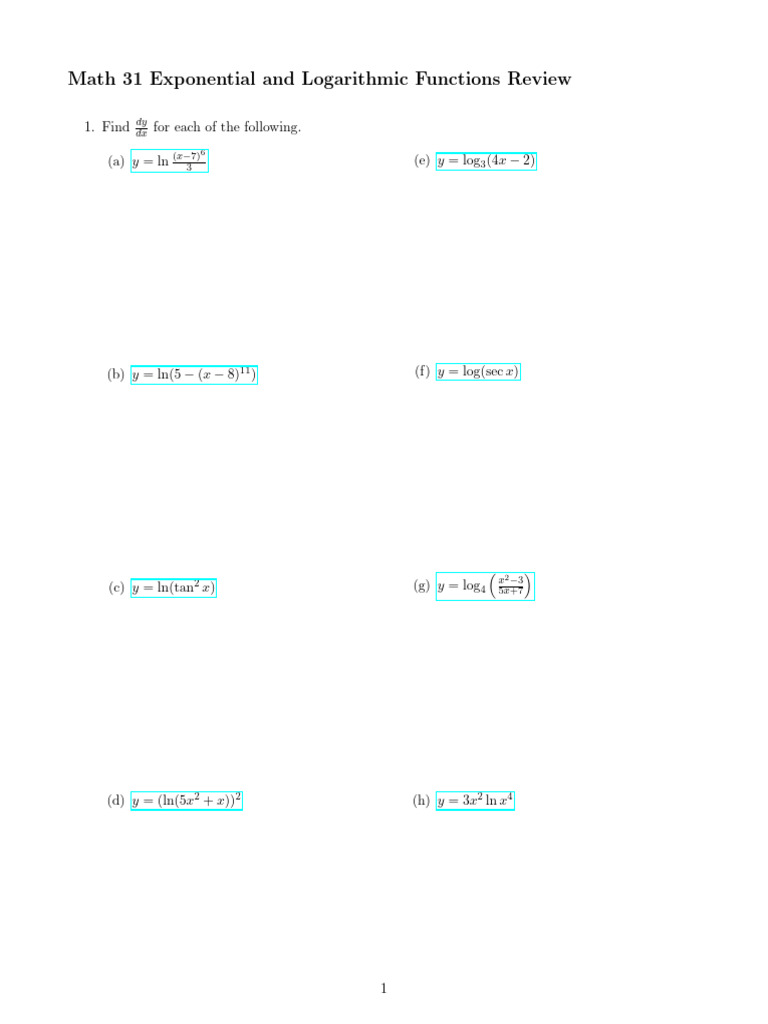 Math 31 Logs and Exps Review | PDF | Tangent | Exponential Function